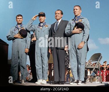 Apollo 13 crew, left to right, mission commander Jim Lovell, command ...