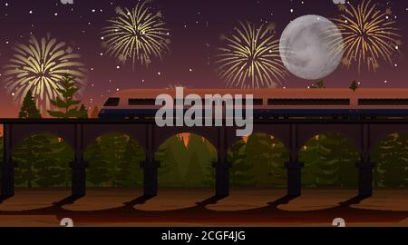 Fireworks celebration with train scene illustration Stock Vector Image ...