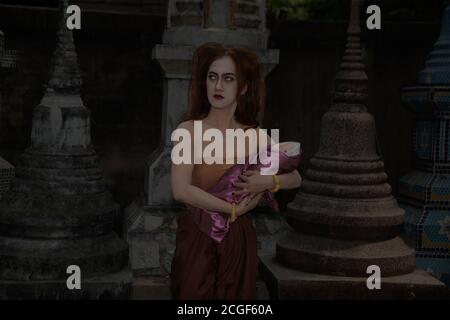 Ancient Thai ghosts in traditional costumes appearing in ancient Thai ...