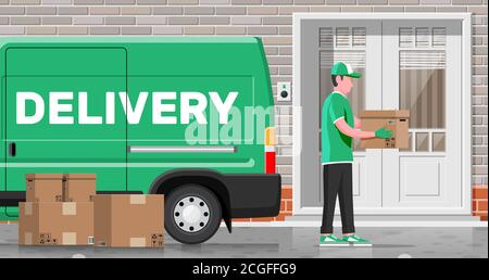 Loader unloads the goods from van. Fast and free delivery service in ...
