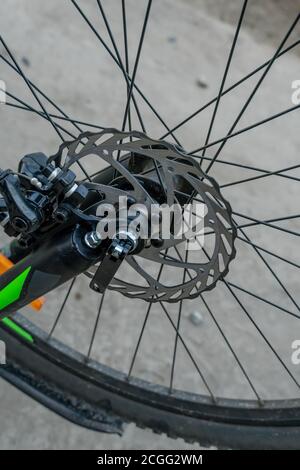 Closeup of a mechanism of bicycle mechanisms and chain on a mountain ...
