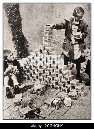 Hyperinflation in Weimar Germany 1923. Boxes of banknotes are ...