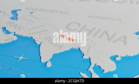 Nepal highlighted on a white simplified 3D world map. Digital 3D render ...