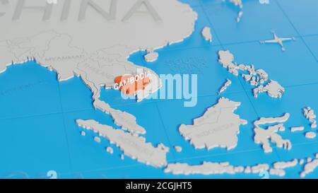 Cambodia highlighted on a white simplified 3D world map. Digital 3D ...