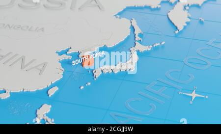 South Korea highlighted on a white simplified 3D world map. Digital 3D ...