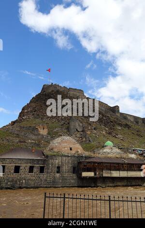 General bottom view of historical famous Kars Castle on meadow hill ...