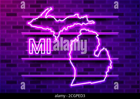 Michigan US State glowing purple neon lettering and a rectangular frame ...