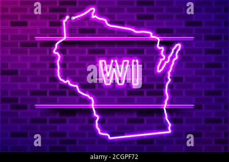 Wisconsin US State glowing purple neon lettering and a rectangular ...