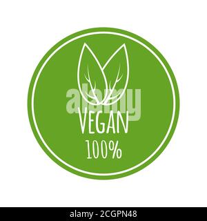 %100 Vegan Round Icon with Green Leaves isolated on a White Background ...