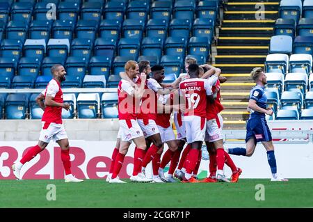 Rotherham United players celebrate on the winners podium with the ...