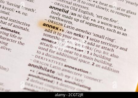The word or phrase Annex in a dictionary highlighted with marker Stock ...