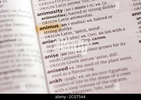 The word or phrase Animus in a dictionary highlighted with marker Stock ...
