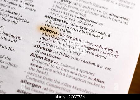The word or phrase Allegro in a dictionary highlighted with marker ...