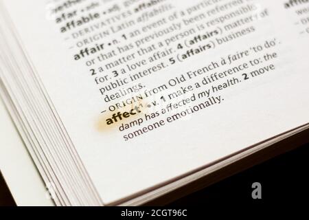 The word or phrase Affect in a dictionary highlighted with marker Stock ...