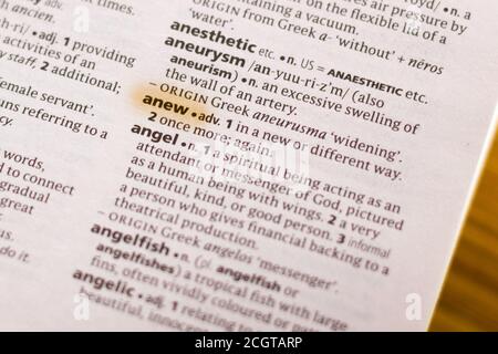 The word or phrase Anew in a dictionary highlighted with marker Stock ...