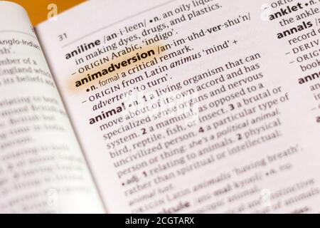 The word or phrase Animadversion in a dictionary highlighted with ...