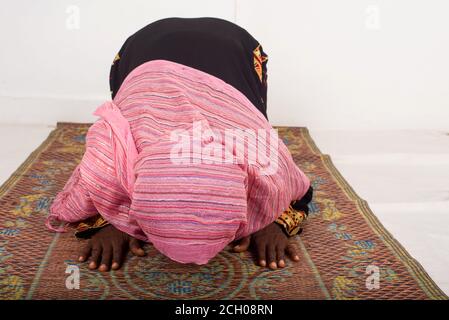 Muslim woman with her forehead on the ground praying in the mosque ...