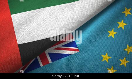 Tuvalu and United Arab Emirates two flags textile cloth, fabric texture ...