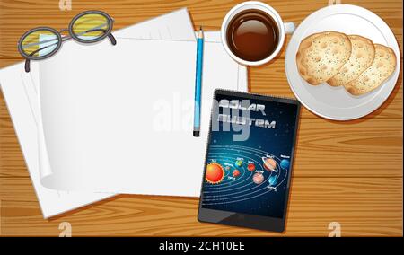 Table aerial view with mobile screen mockups illustration Stock Vector ...