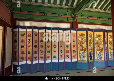 South korean room divider or screen with painted flowers Stock Photo ...