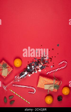 Christmas fir tree and champagne. Top view flat lay with copy space for ...