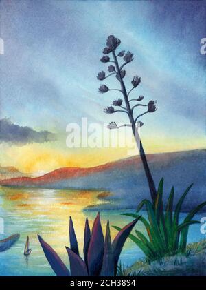 Sea landscape sunset abstract painting. Acrylic pastel purple and sea ...