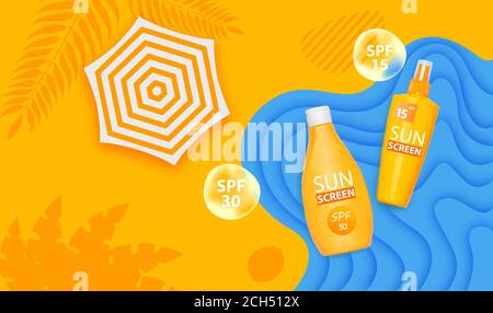 Creative composition with bottles of sunscreen cream on drawn beach ...