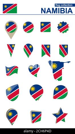 Namibia flag icon set. Namibian pennant in official colors and proportions. Rectangular, map ...