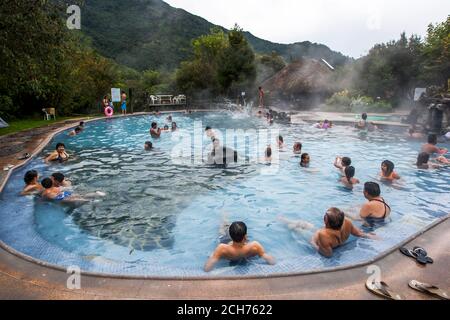 Bathers relax in a thermal pool at the Papallacta Hot Springs in ...