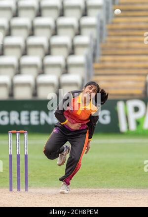 Anisha Patel bowling for Central Sparks against Lightning in a Rachael ...