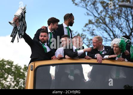 Hibernian players at the Leith Links on the team bus as it travelled ...