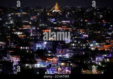 Kathmandu, Nepal - October 2 2019: Hindu Temple decorated with lights ...