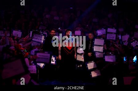 Michael Smith during his walk on before his match with Nathan Aspinall ...