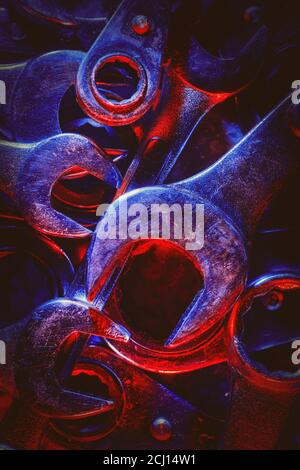 Set of mechanical tools in red plastic box Stock Photo - Alamy