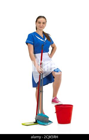 Using equipments. Portrait of female made, housemaid, cleaning worker ...