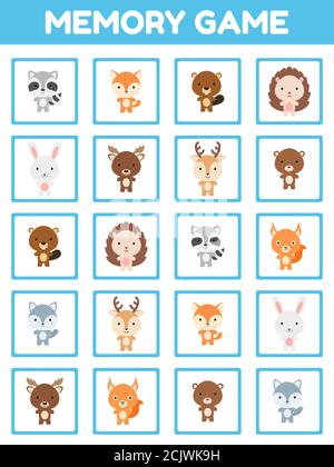 Vector forest memory game cards with cute animals. Woodland matching ...