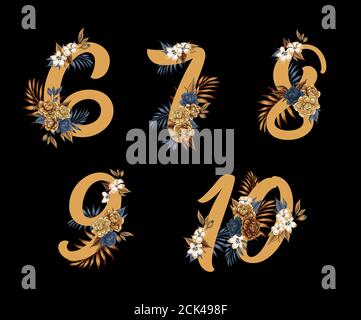 Flower ornate numbers. Elegant blossom number, floral sprigs date and ...