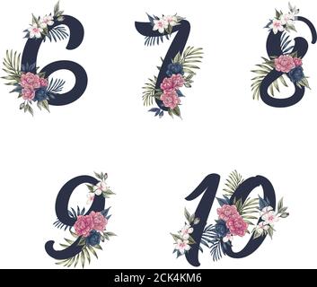 Flower ornate numbers. Elegant blossom number, floral sprigs date and ...
