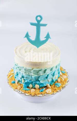 Beautiful blue birthday cake with fondant bunny, ladder, clouds and air ...