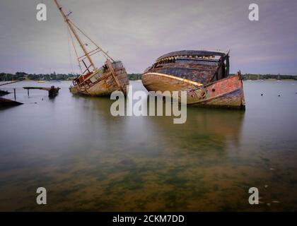 Boat graveyard at Pin Mill on the river Orwell, Shotley Peninsula, near ...