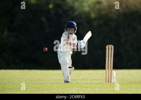 Young boy playing cricket shot during village cricket match for all ...