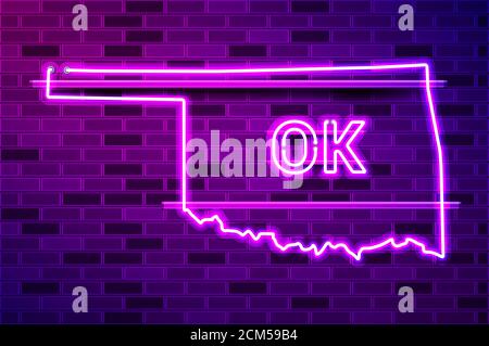 Oklahoma US State glowing purple neon lettering and a rectangular frame ...