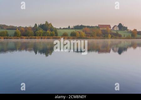French countryside - Lorraine. Panorama of a small lake with trees in ...