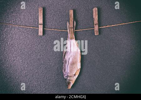 Dried fish hanging on the rope, black background Stock Photo - Alamy