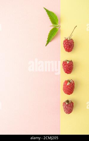 Fresh ripe raspberries with green mint leaves on black plate against ...