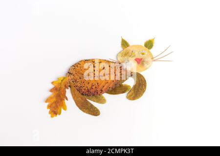 autumn nature craft for kids, cat made of leaf, top view, activity for ...
