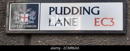 Pudding Lane sign in the City of London. It was in Thomas Farriner's ...
