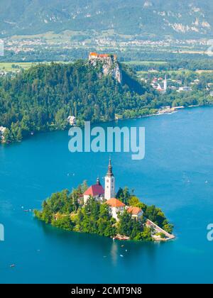 Aerial view of Lake Bled and the castle of Bled, Slovenia, Europe ...
