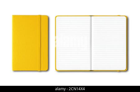 Yellow closed and open lined notebooks mockup isolated on wooden ...
