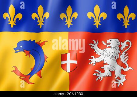 Rhone-Alpes Region flag, France waving banner collection. 3D ...